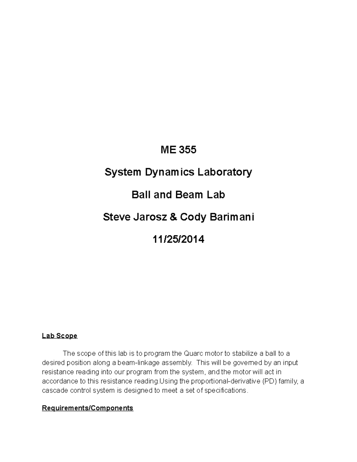 Practical - Ball beam lab - ME 355 System Dynamics Laboratory Ball and ...