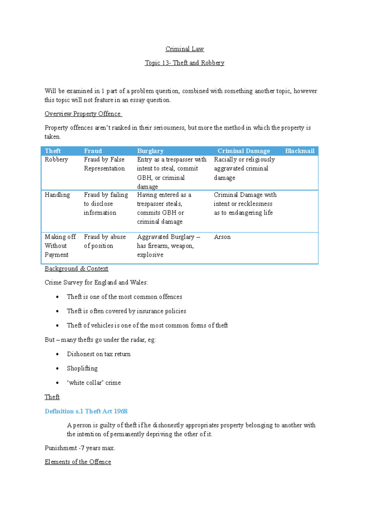 Topic 13- Theft and Robbery (c) - Criminal Law Topic 13- Theft and ...