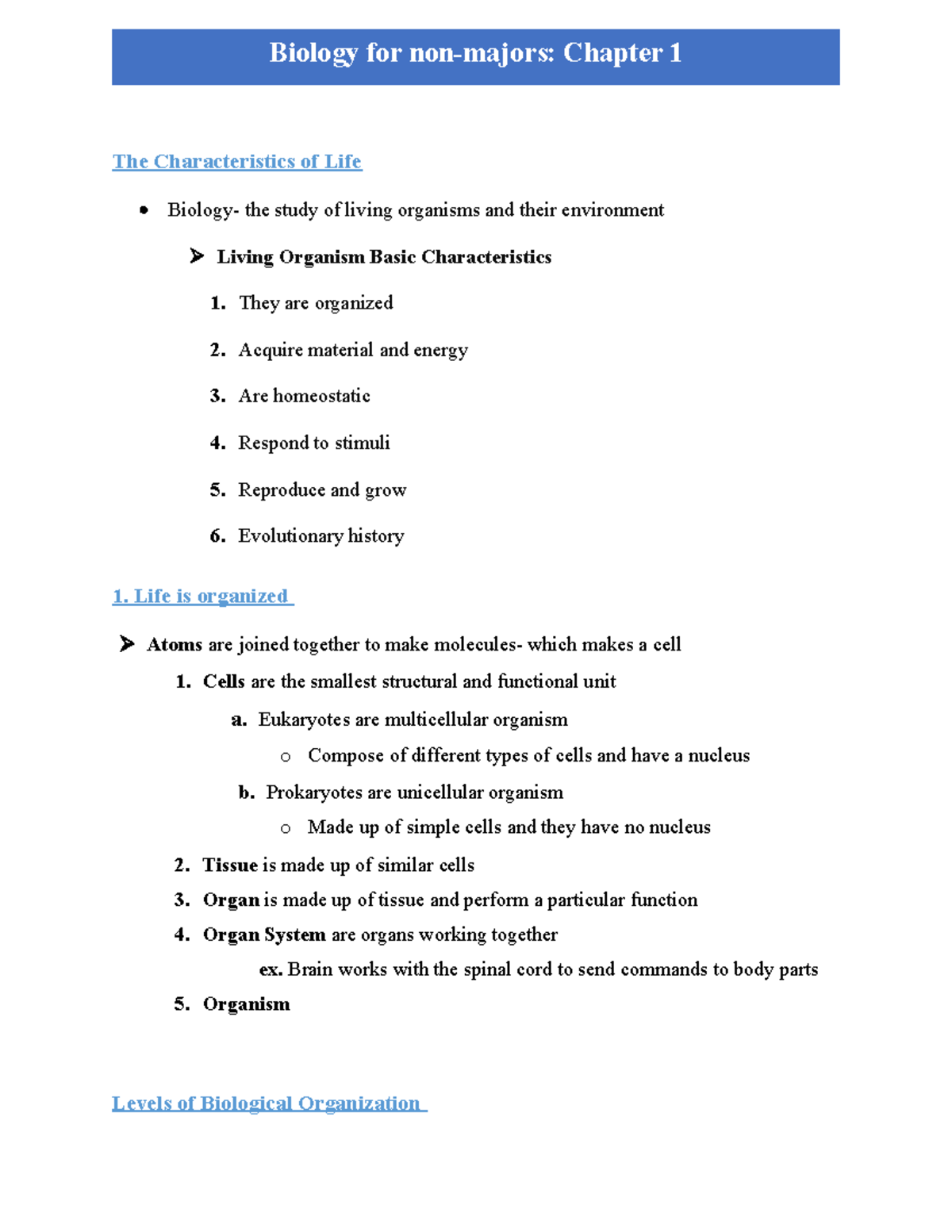 Biology 1409 Chapter 1 - Lecture notes Lesson 1 - The Characteristics ...