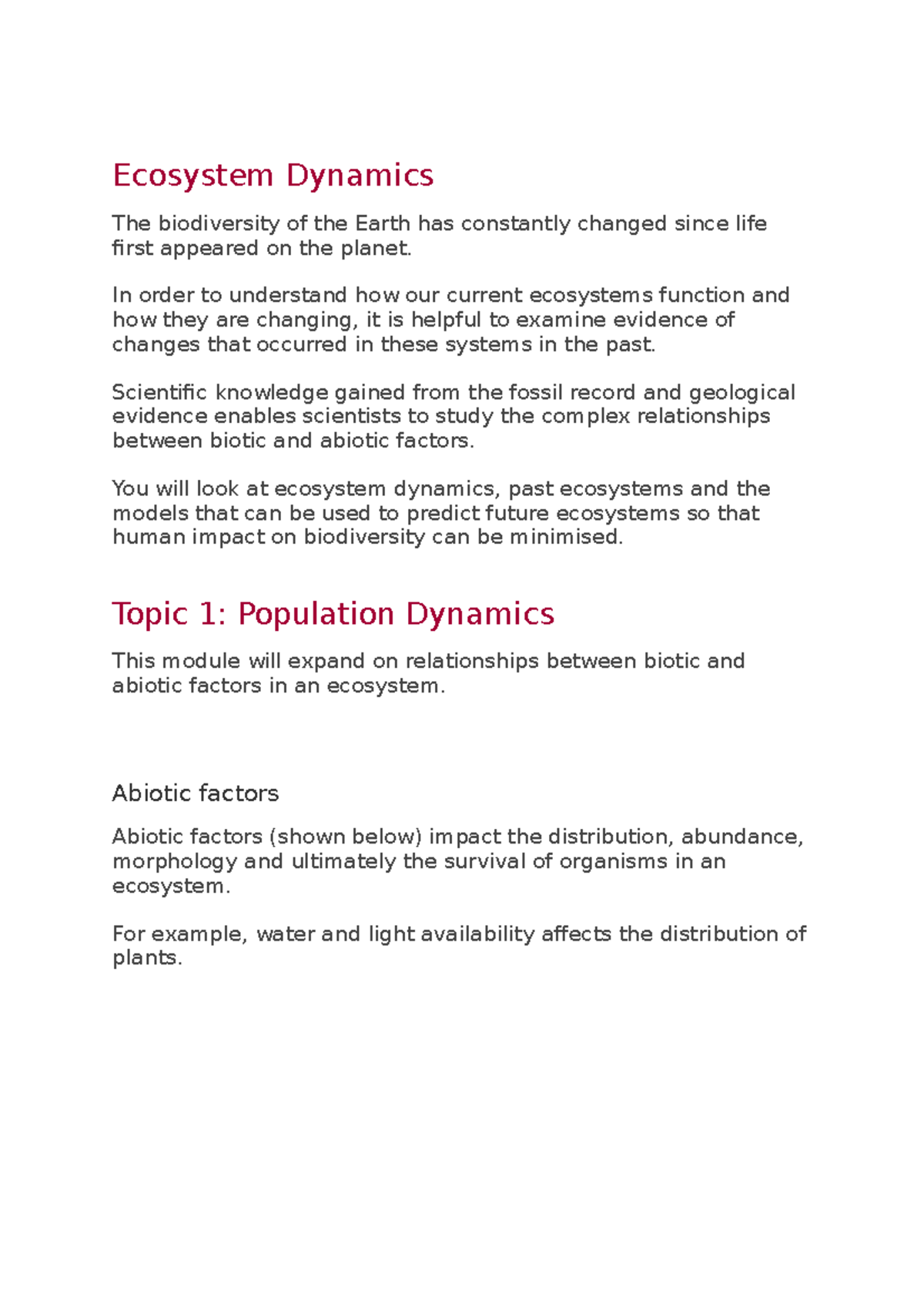 Ecosystem Dynamics - Mod 4 Notes - Ecosystem Dynamics The biodiversity ...