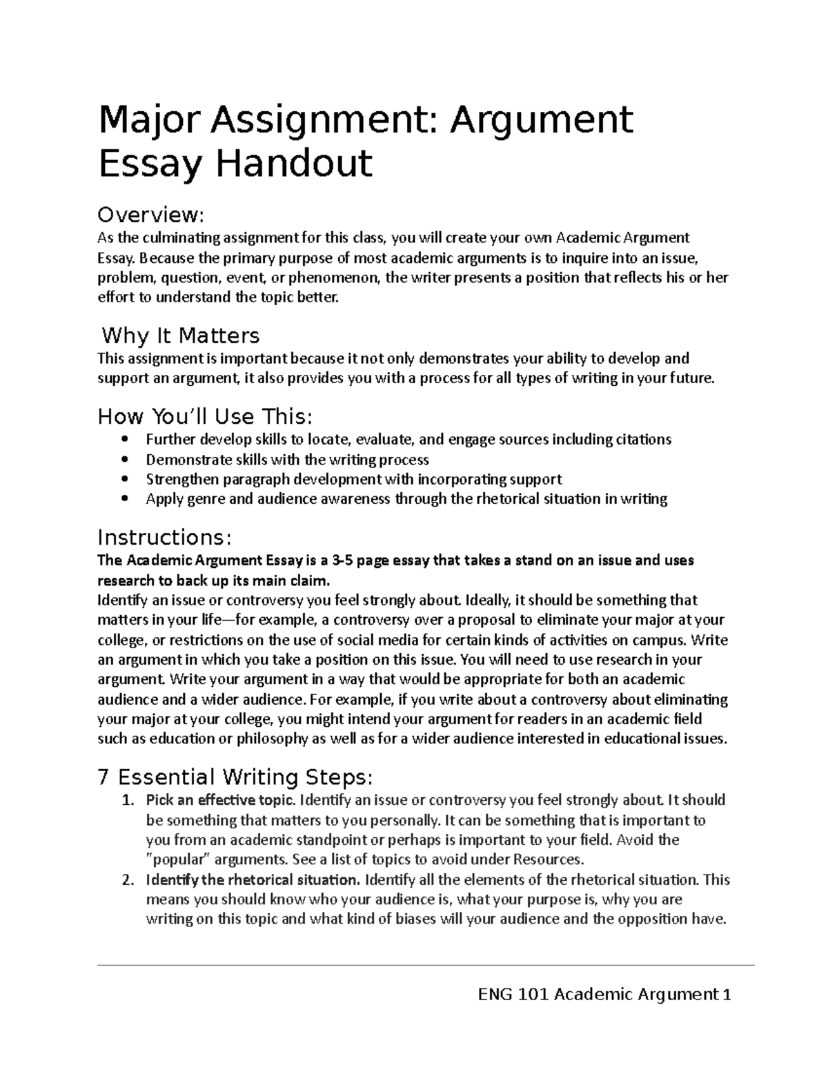 Essay #2 Argument Essay Handout - Major Assignment: Argument Essay ...