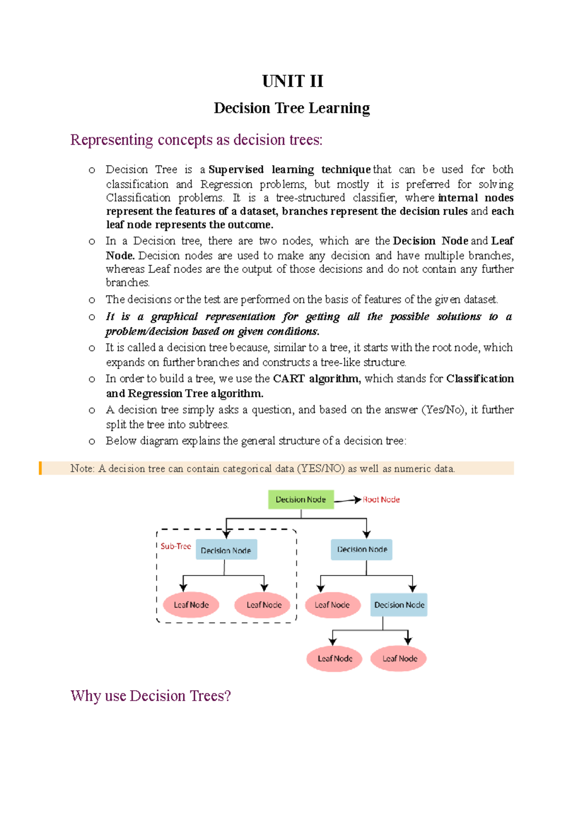 ML UNIT II- Notes - bkklk - UNIT II Decision Tree Learning Representing ...