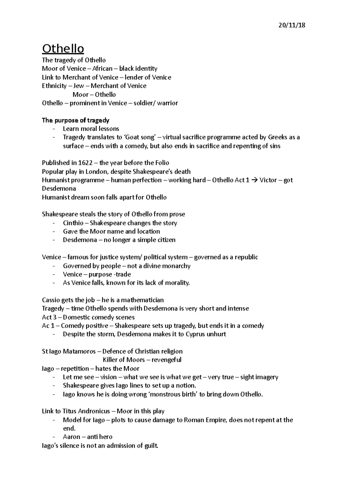 Othello - EN1106 - 20/11/ Othello The tragedy of Othello Moor of Venice ...