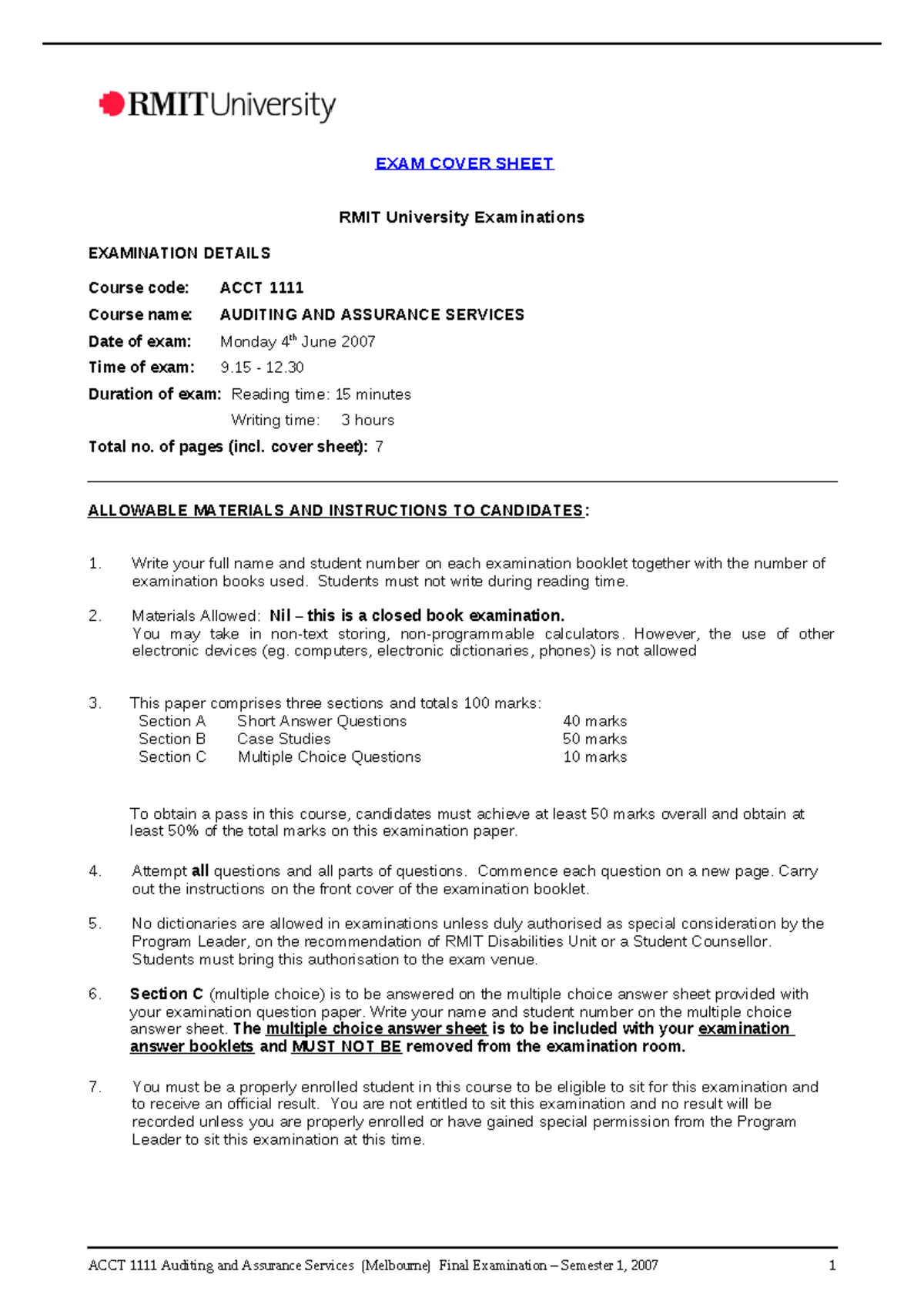 Auditing AND Assurance Services - EXAM COVER SHEET RMIT University ...