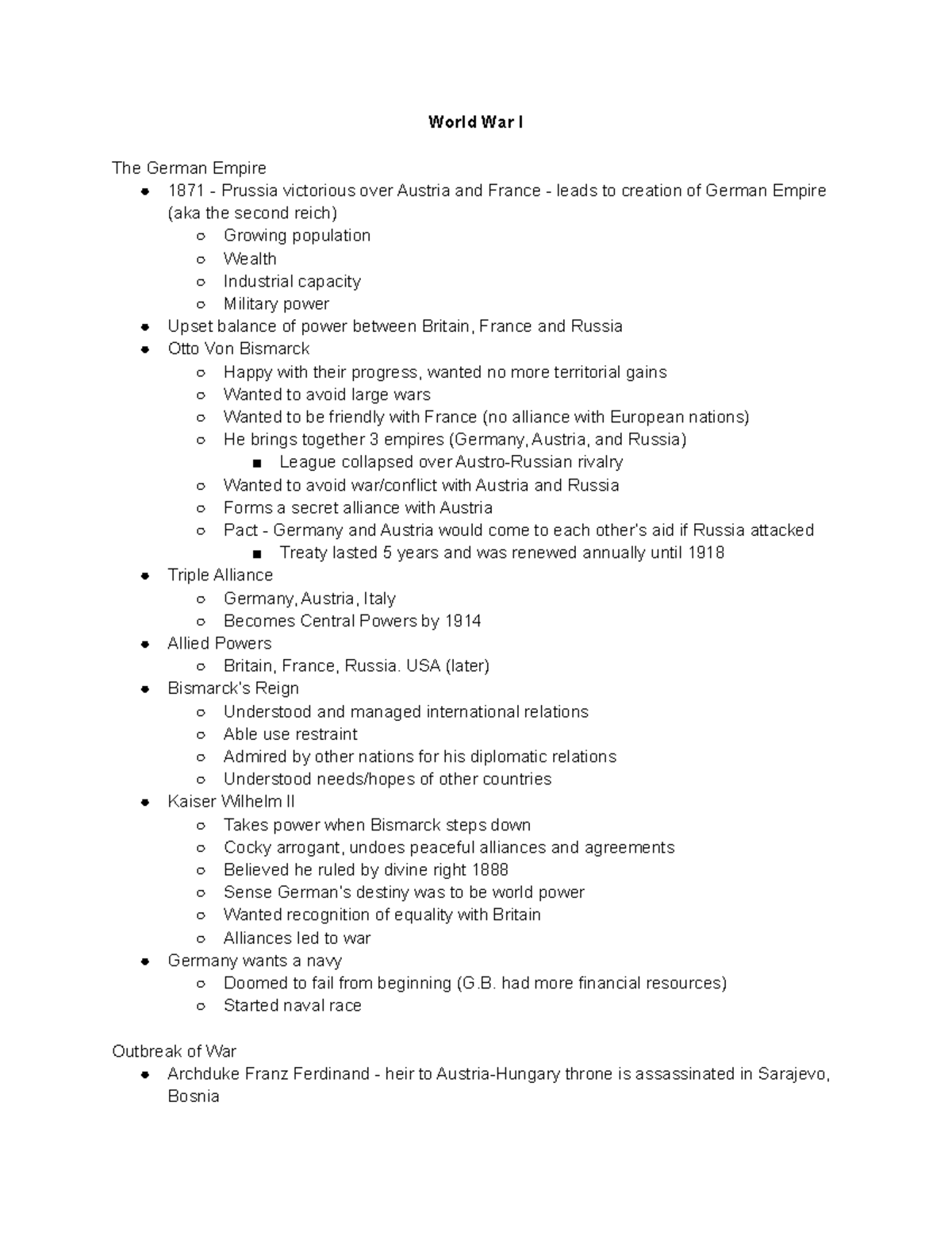 World's of History Unit 11 Notes - World War I The German Empire 1871 ...