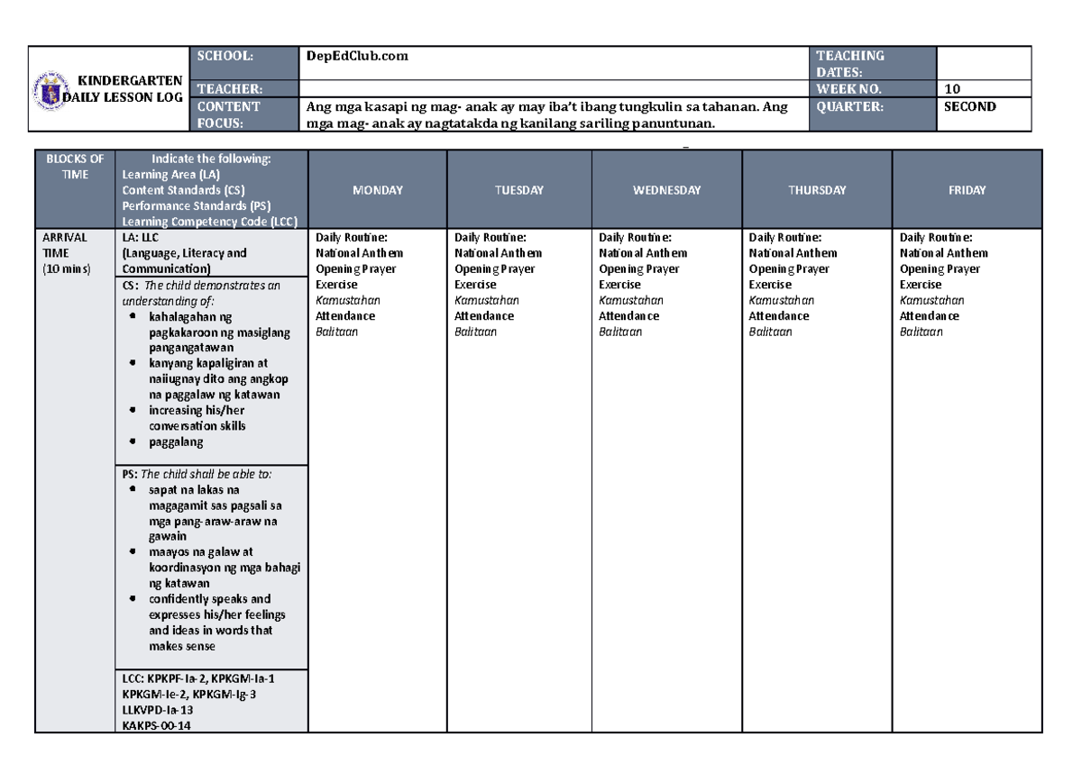 DLL Kinder Q2 W10 - Nice - KINDERGARTEN DAILY LESSON LOG SCHOOL ...