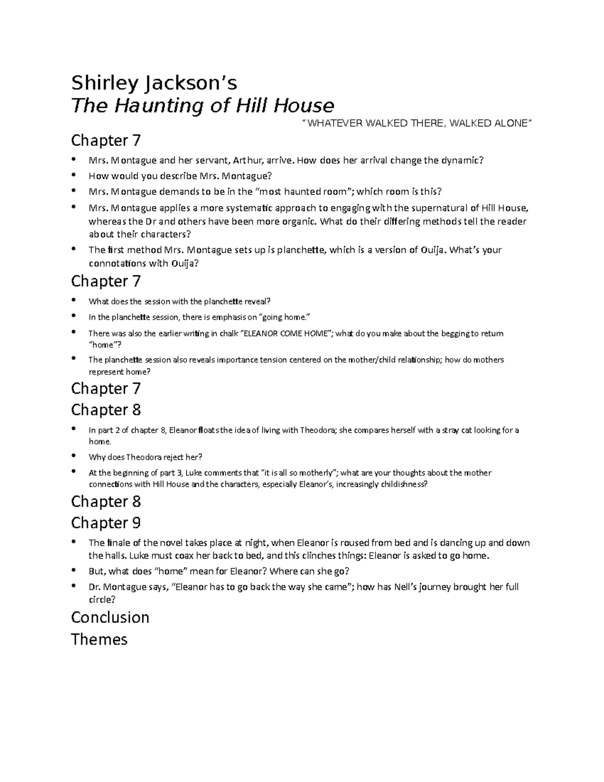 Hill House, ch. 7-9 - Shirley Jackson’s The Haunting of Hill House ...