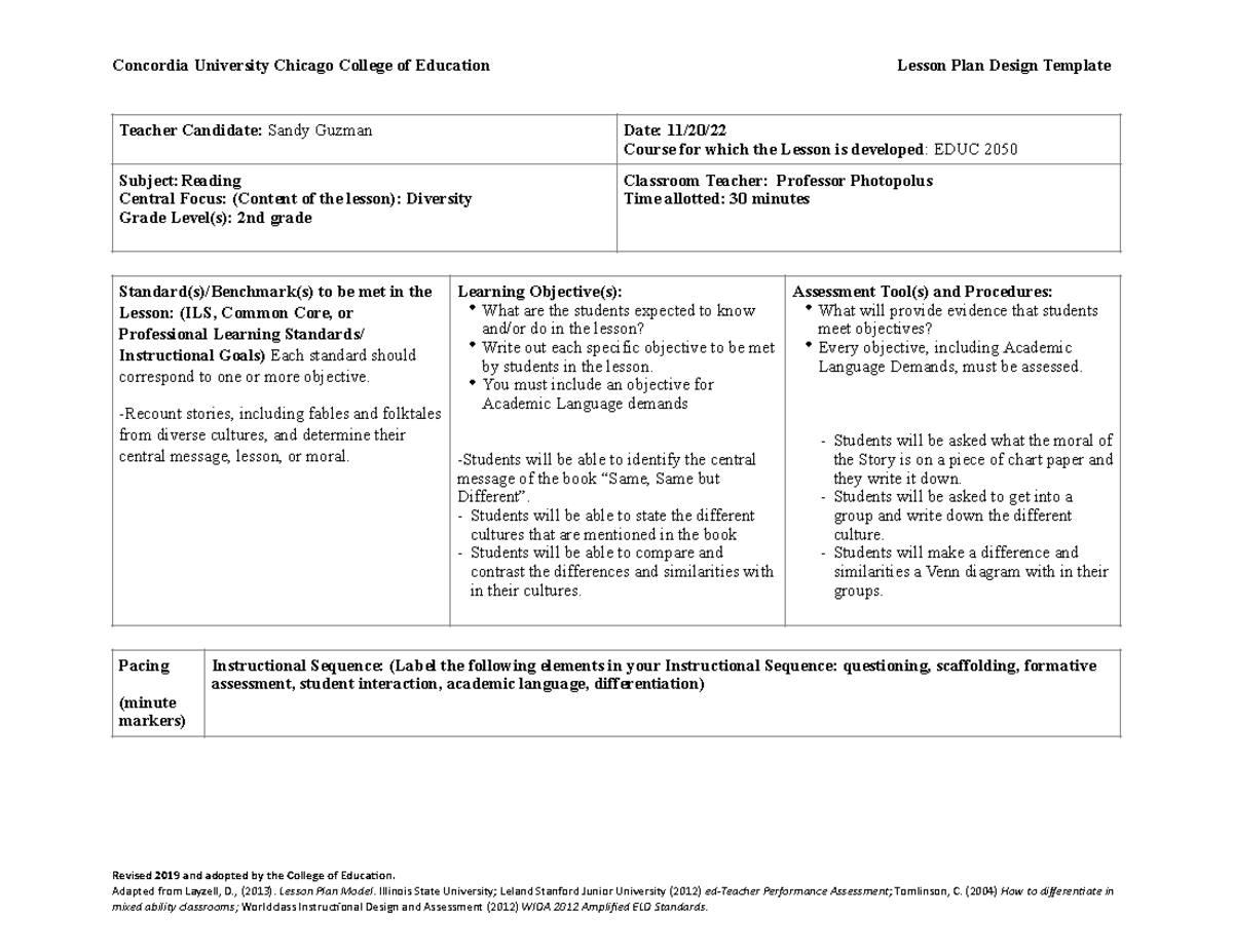CUC Lesson Plan Template-Multicultural - Teacher Candidate: Sandy ...