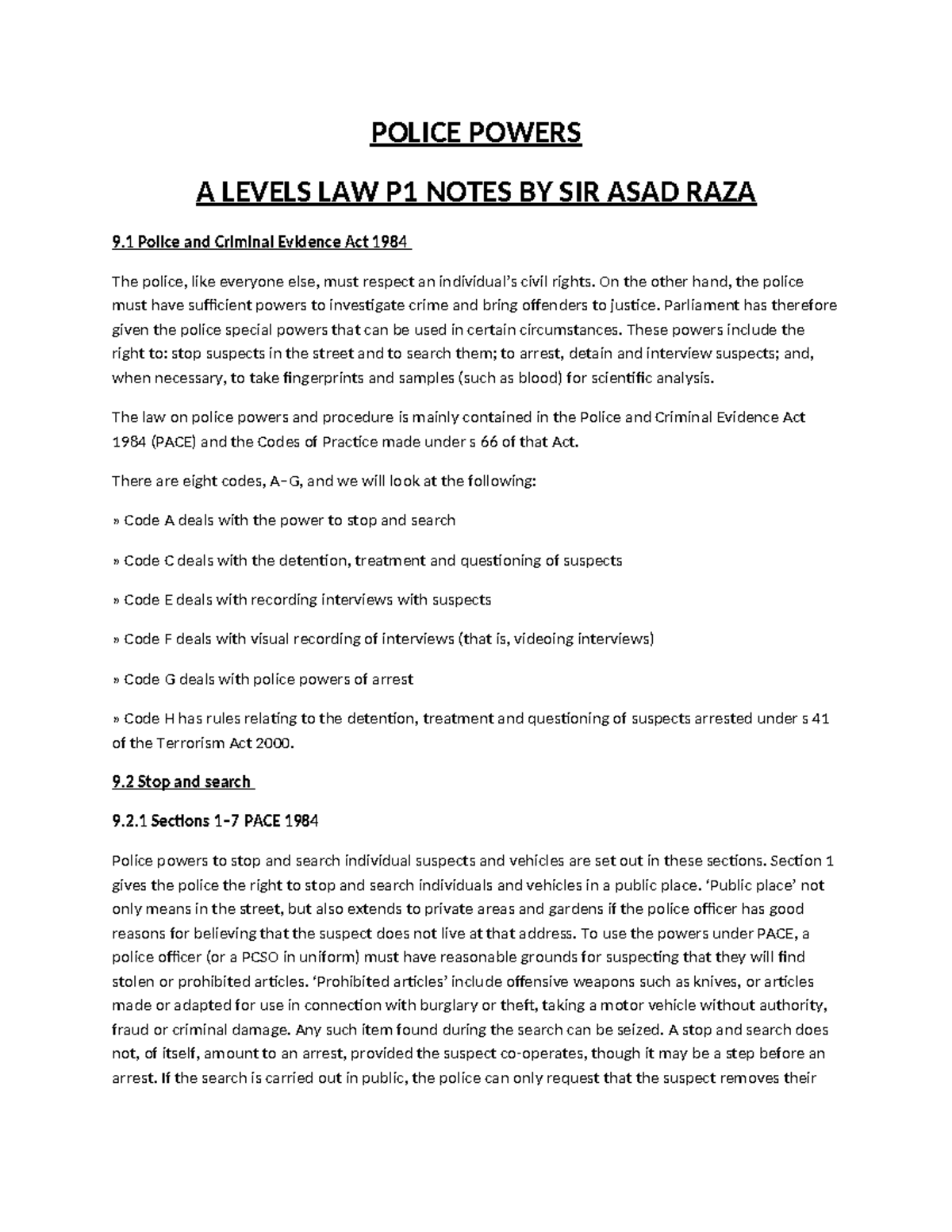 Police Powers - AS Law notes - POLICE POWERS A LEVELS LAW P1 NOTES BY ...