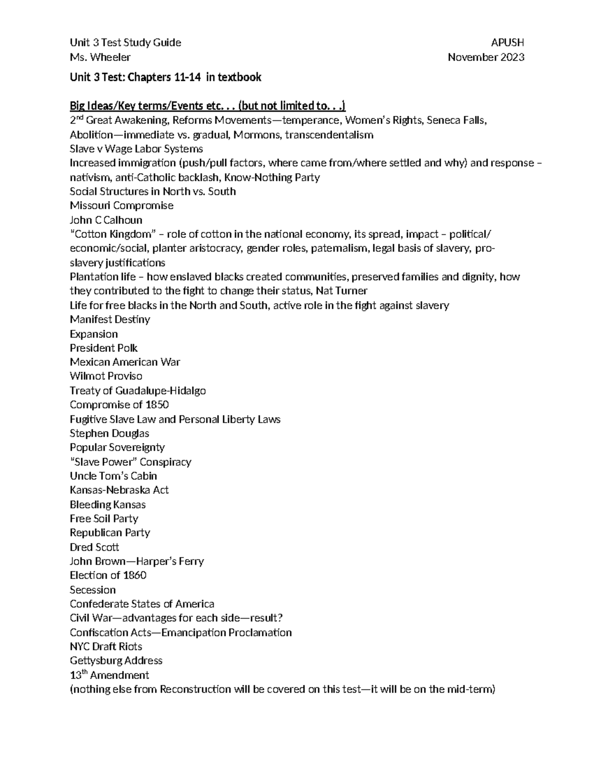 Unit 3 Test Study Guide 2023-24 - Unit 3 Test Study Guide APUSH Ms ...