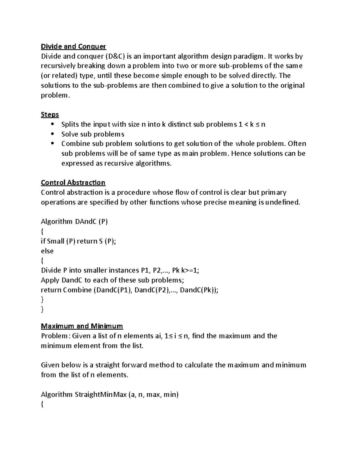 Aad-part4 - Lecture notes 4 - Divide and Conquer Divide and conquer (D ...