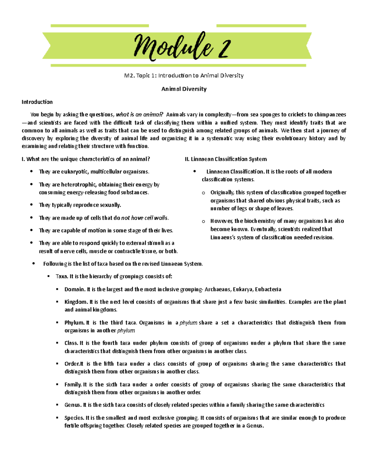 M2 - Introduction to Animal Diversity - M2. Topic 1: Introduction to Animal Diversity Animal ...