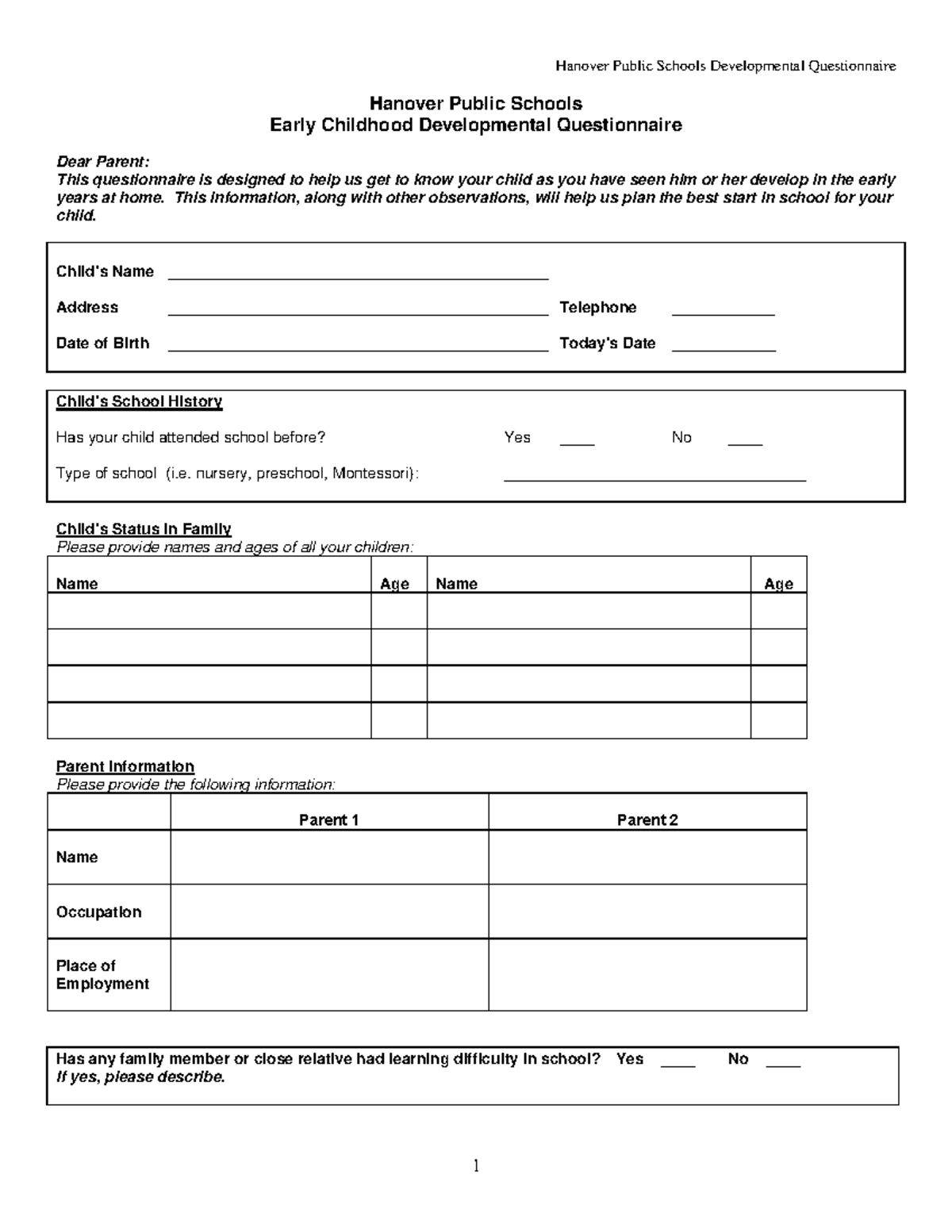 Early childhood developmental questionnaire 2 - Hanover Public Schools ...