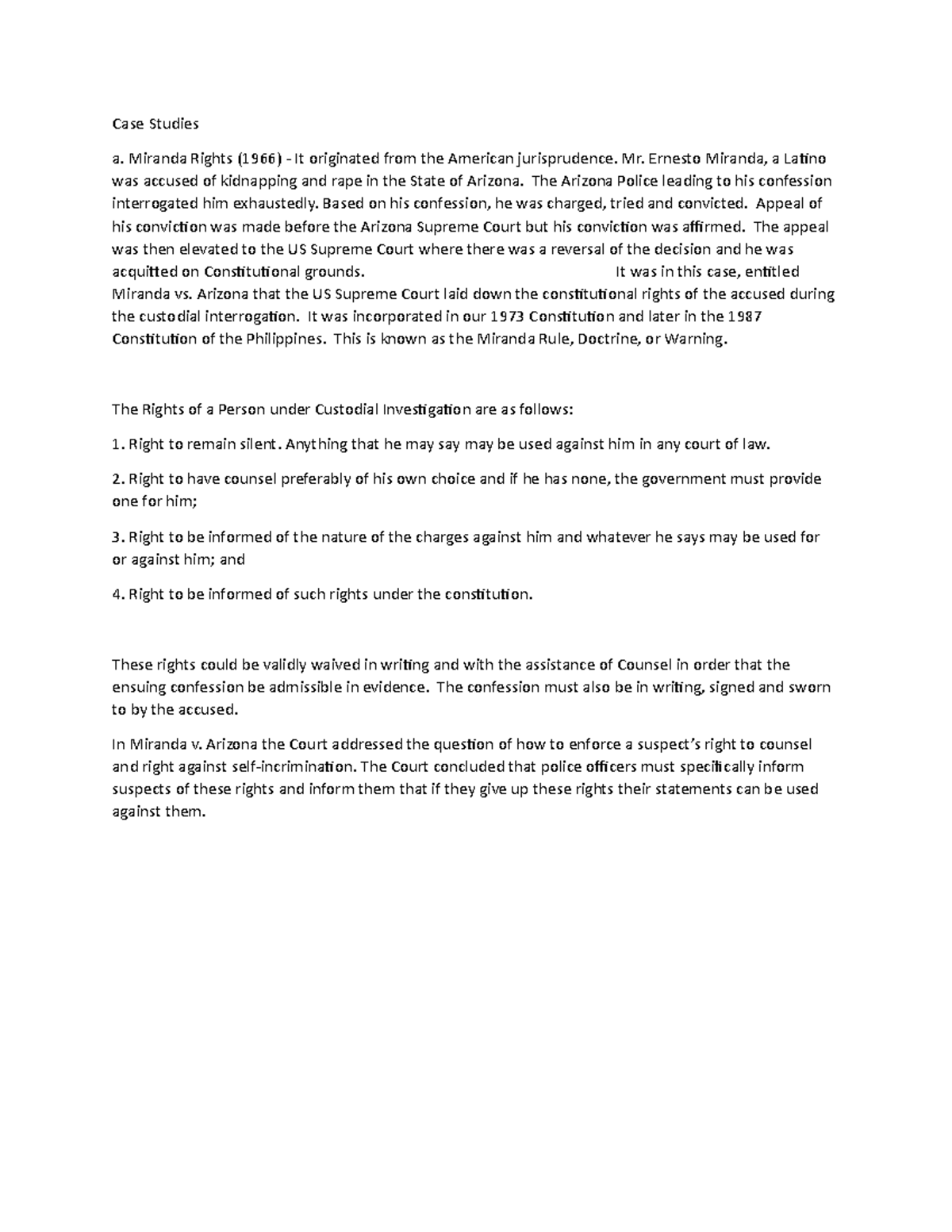 Notes for Criminology 3 - Case Studies a. Miranda Rights (1966) - It ...