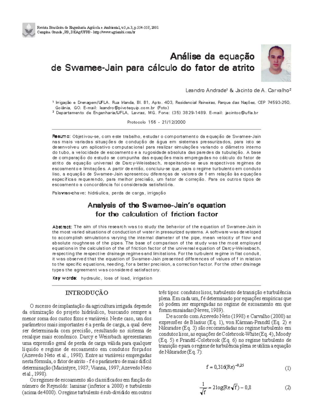 Análise da equação de Swamee-Jain - 554 Revista Brasileira de ...