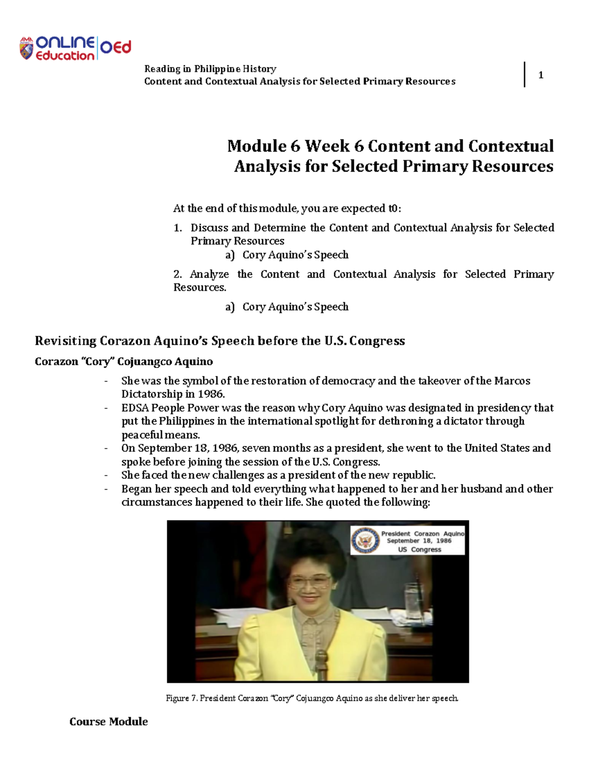 Module 6 Week 6 Content and Contextual Analysis for Selected Primary Resources - a) Cory Aquino ...