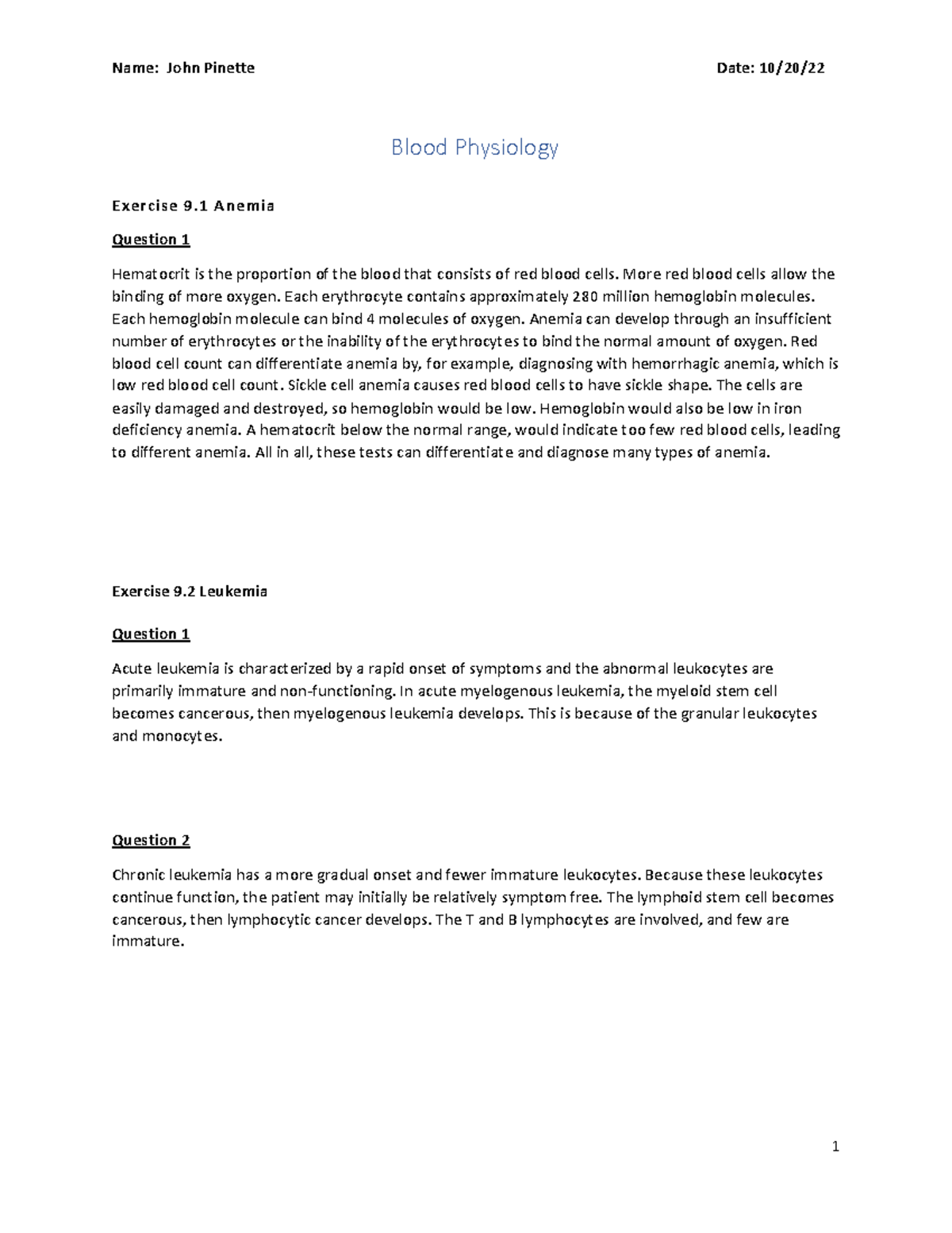 Blood Lab Report - Human Physiology - Name: John Pinette Date: 10/20/ 1 ...