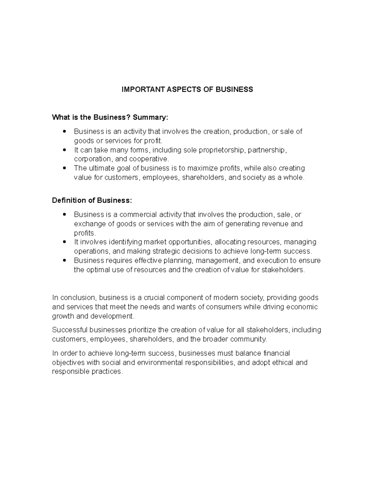 Important Aspects OF Business - IMPORTANT ASPECTS OF BUSINESS What is ...