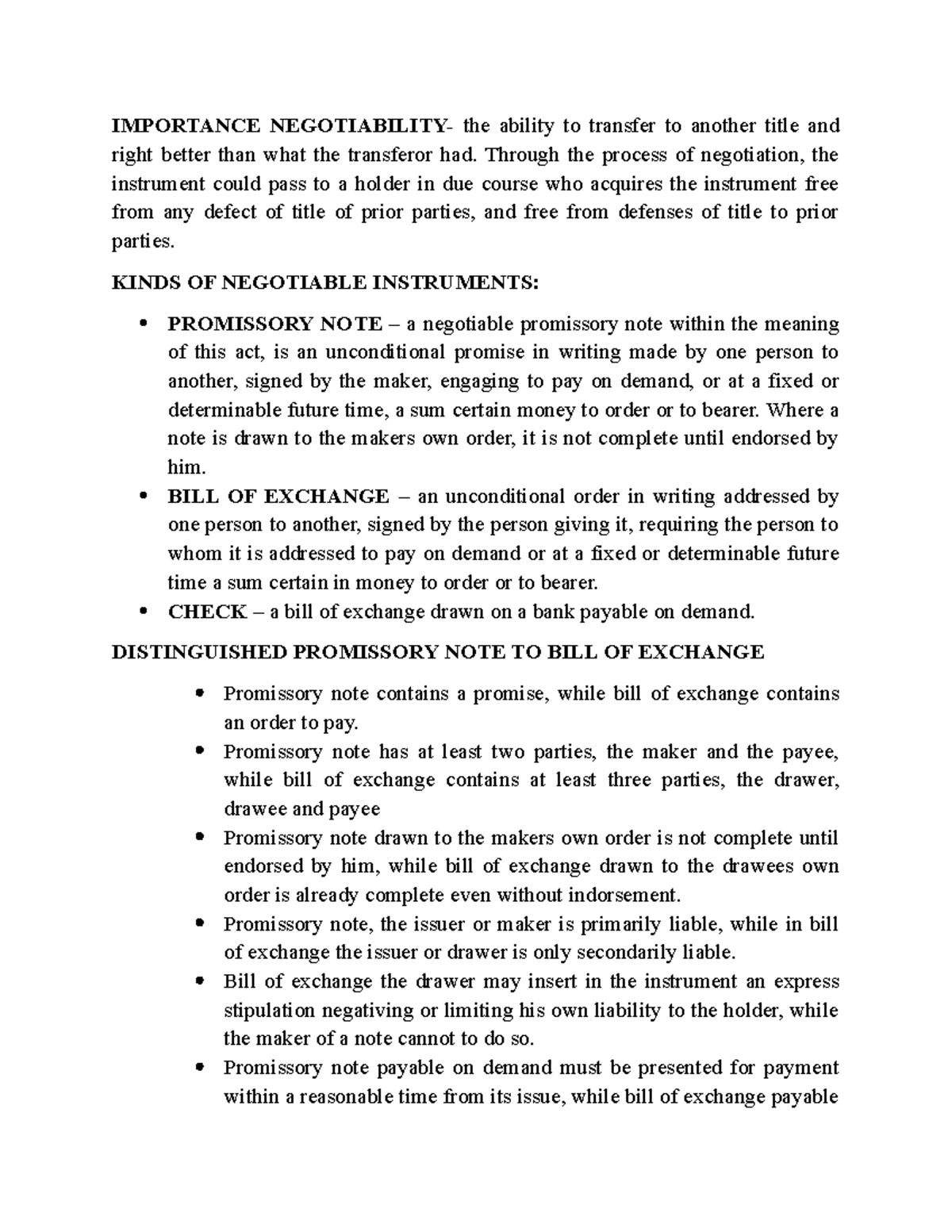 Negotiability - IMPORTANCE NEGOTIABILITY- the ability to transfer to ...