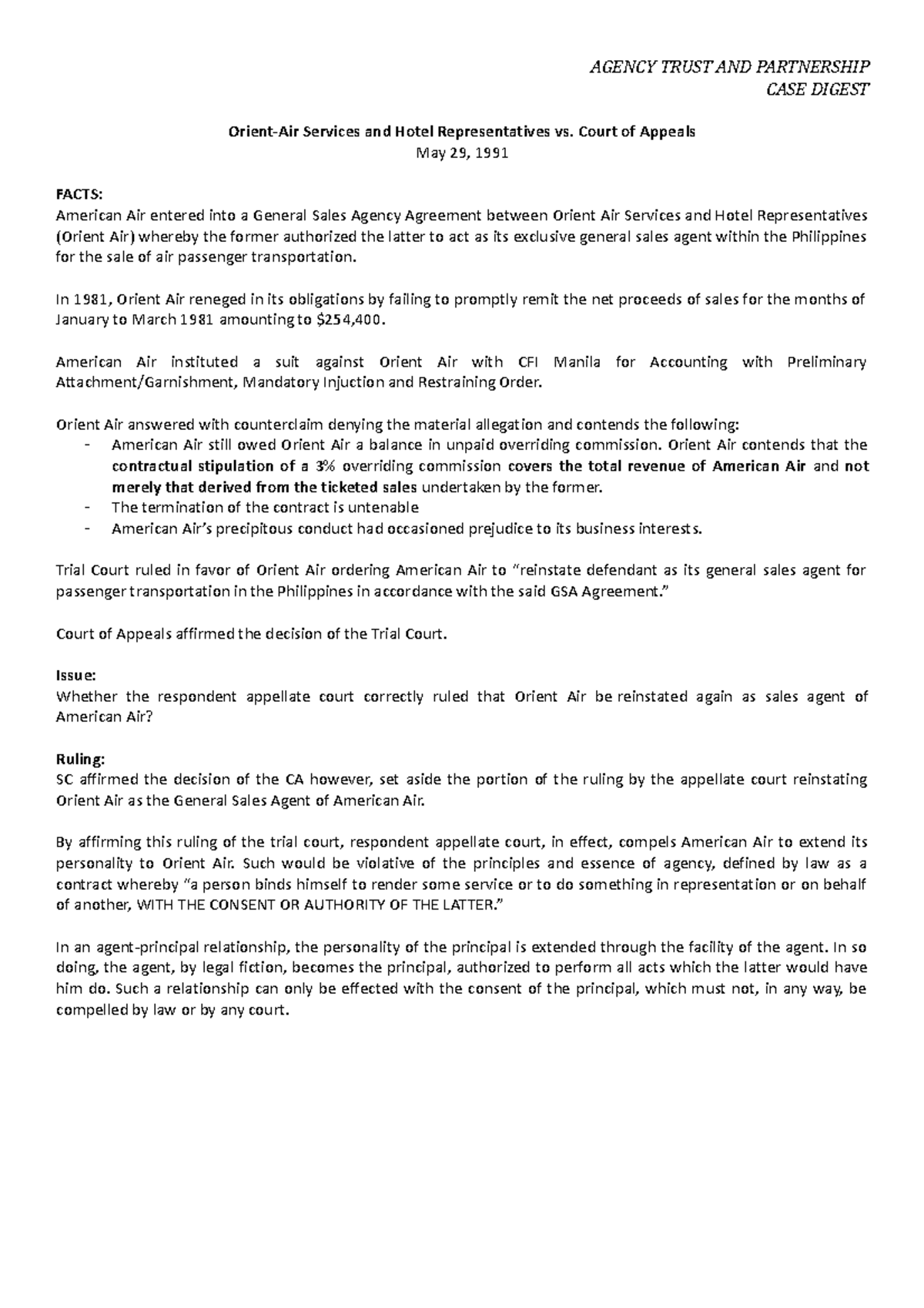 Orient Air Case - case digest for partnership and agency - AGENCY TRUST ...