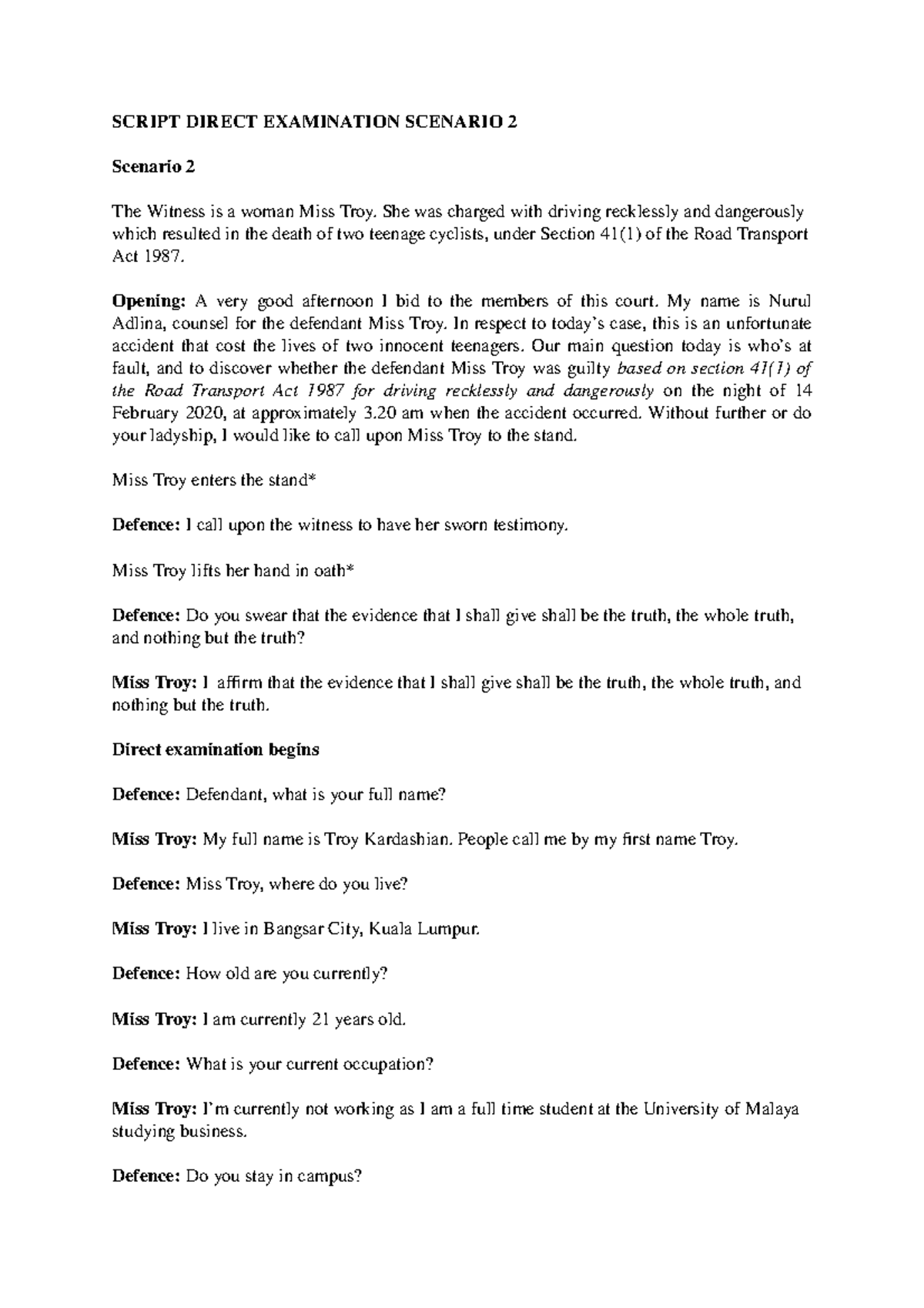 Script Direct Examination Scenario 2 - SCRIPT DIRECT EXAMINATION ...