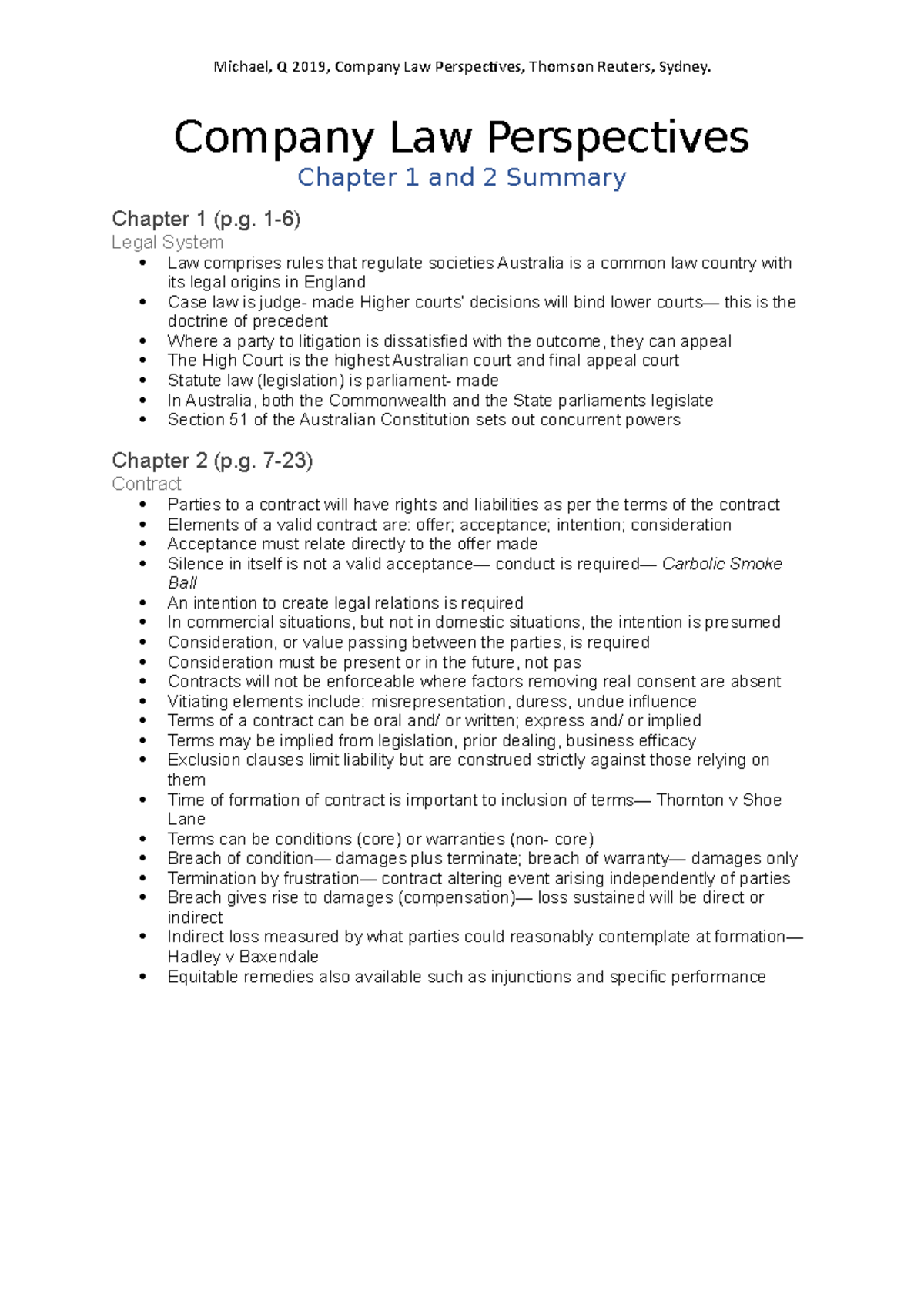 Company Law Perspectives book Chapter 1 and 2 Summary - Michael, Q 2019 ...