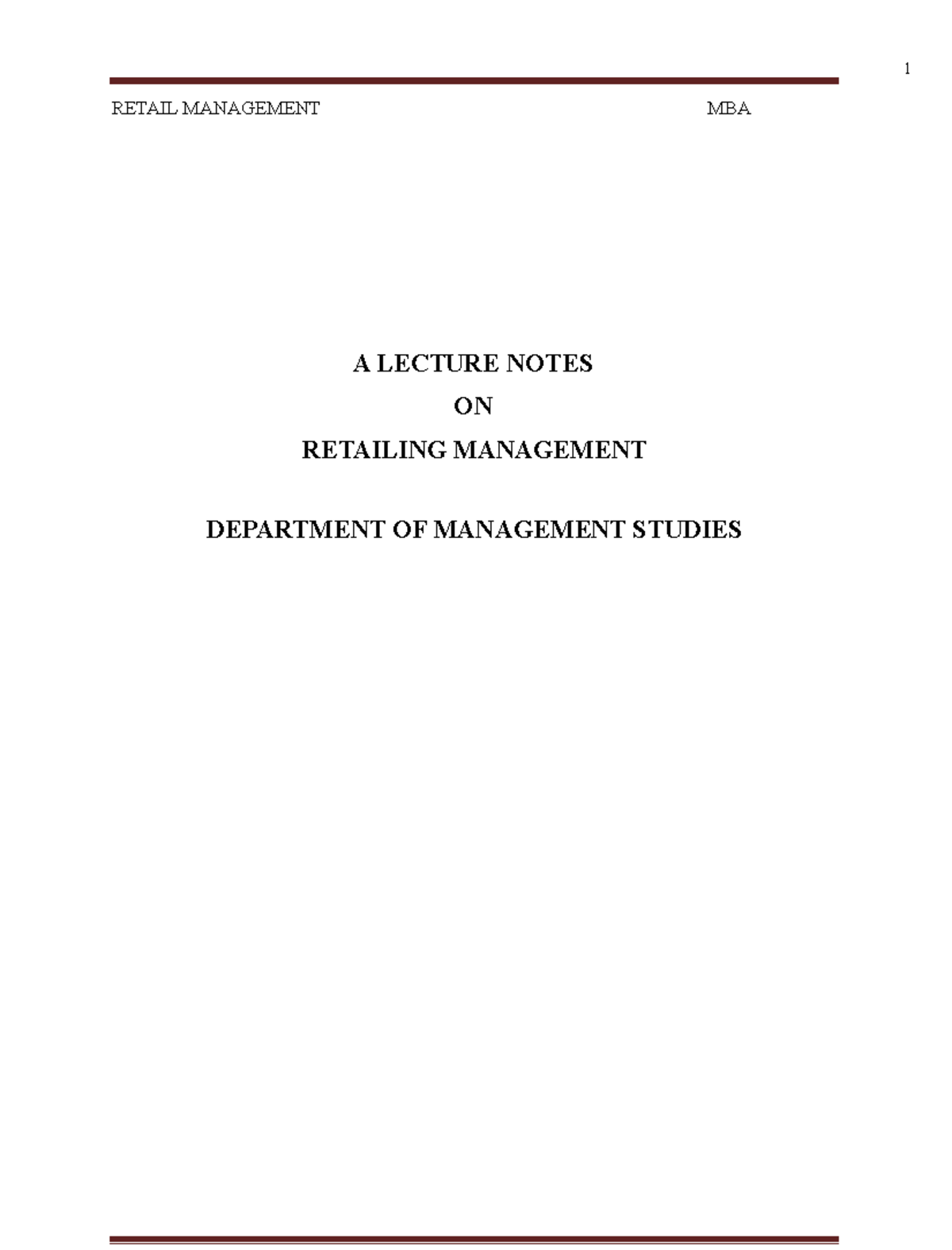 Retail- Management-Notes - 1 RETAIL MANAGEMENT MBA A LECTURE NOTES ON ...
