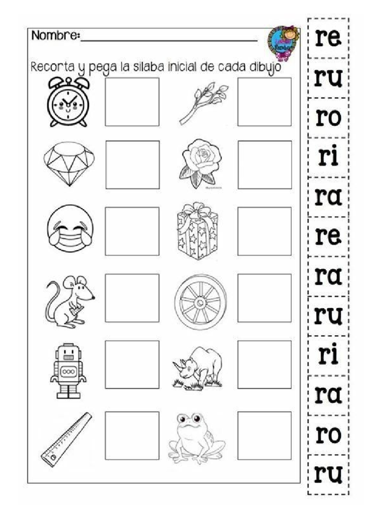 Actividades niños - Nombre: re Recorta y pega la silaba inicial de cada ...
