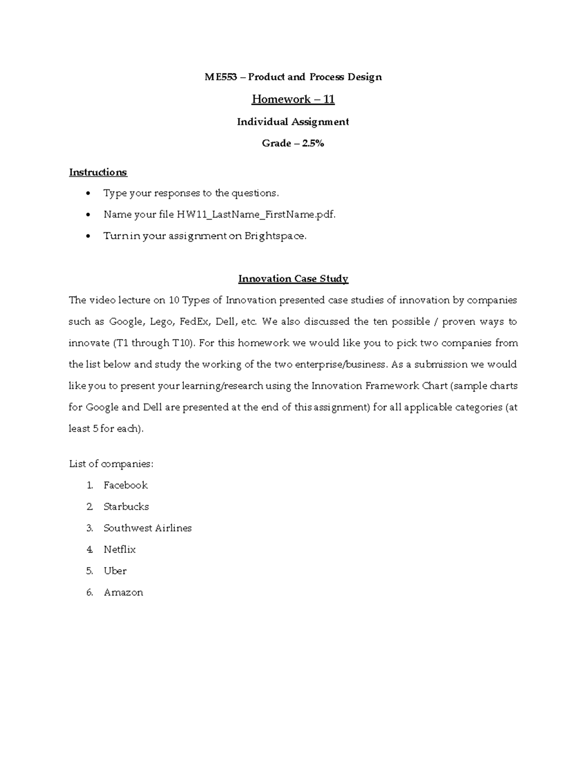 HW11 - HW11 - ME553 – Product and Process Design Homework – 11 ...