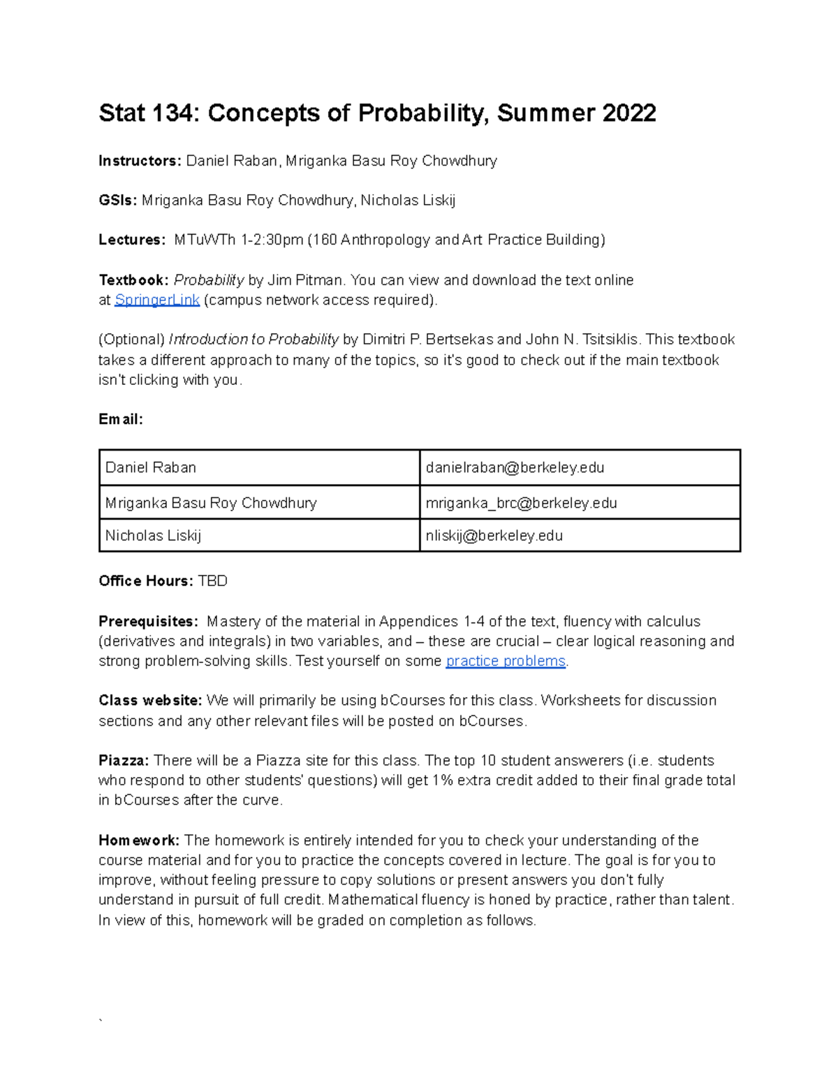 Stat 134 Summer 2022 Syllabus - Stat 134: Concepts of Probability ...