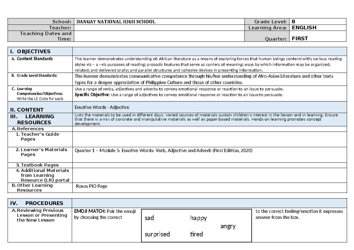 Lesson Plan for grade 8 - claire - School: DANGAY NATIONAL HIGH SCHOOL ...