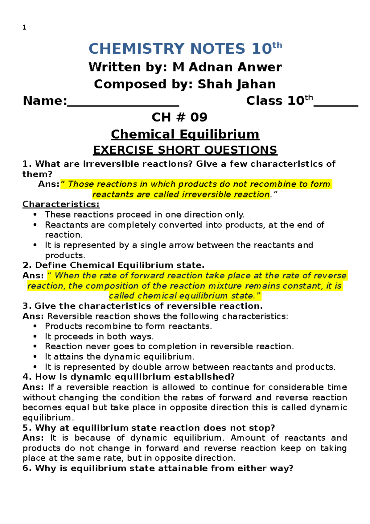 Chemistry 10th CH# 09 - too good - CHEMISTRY NOTES 10 th Written by: M ...