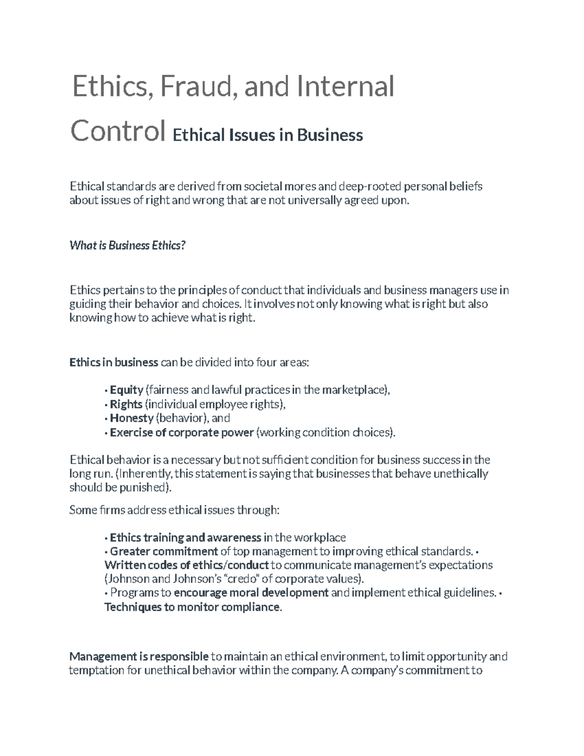 AC 2104 Chap 3 Notes - Ethics, Fraud, and Internal Control Ethical ...