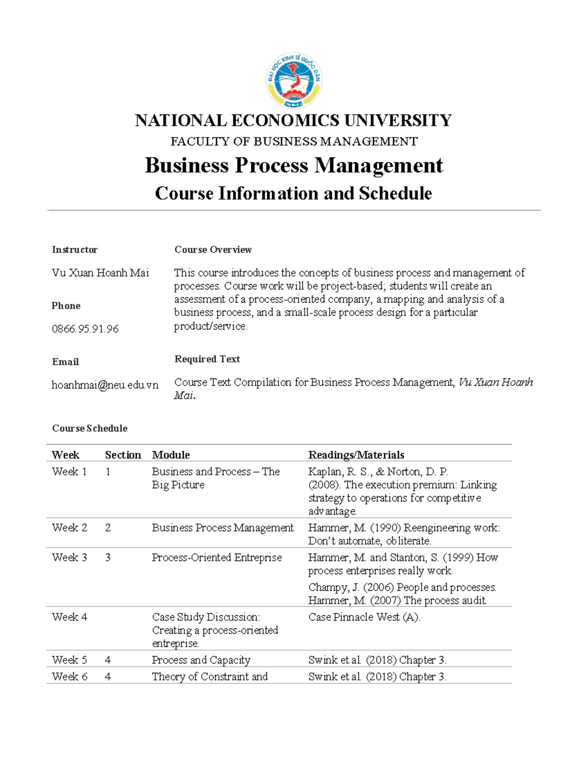 BPM Course Info and Schedule - NATIONAL ECONOMICS UNIVERSITY FACULTY OF ...