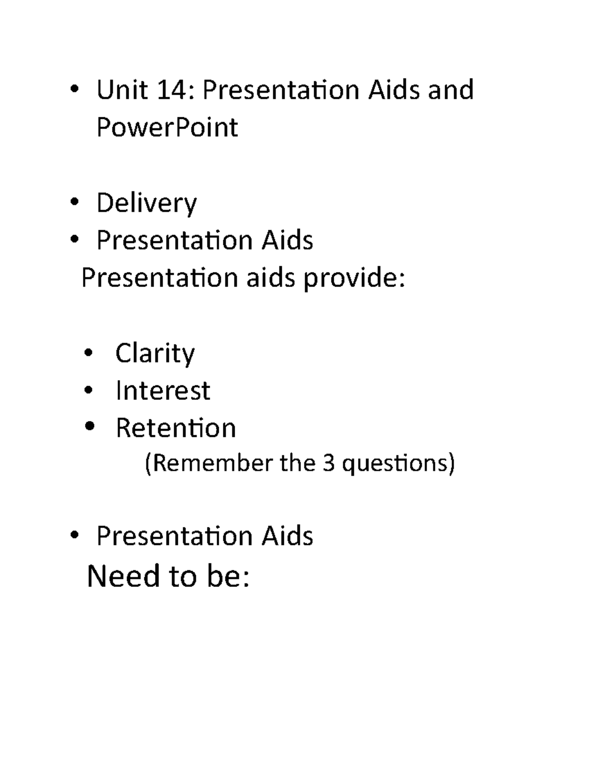 Unit 14 - lecture notes - Unit 14: Presentation Aids and PowerPoint ...