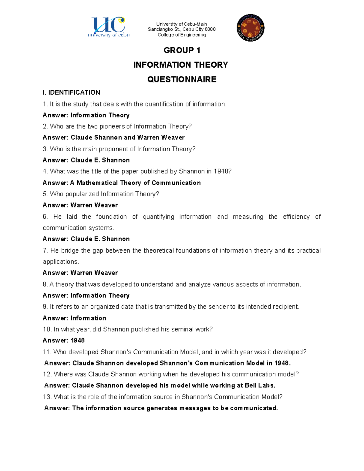 Questionnaire - fdsfsd - Sanciangko St., Cebu City 6000 College of ...