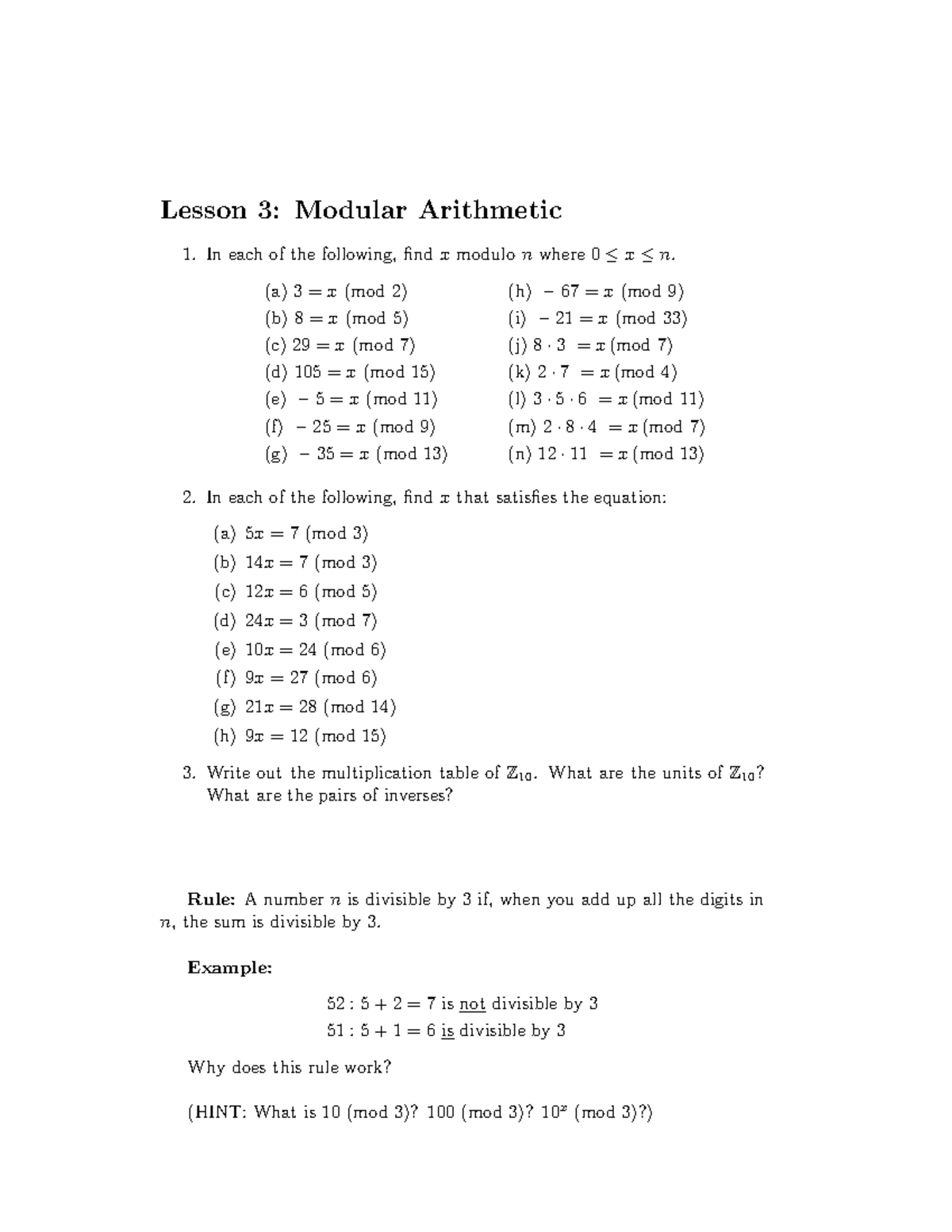 03-Modular- assignment FALL TERM 2018 - Lesson 3: Modular Arithmetic In ...
