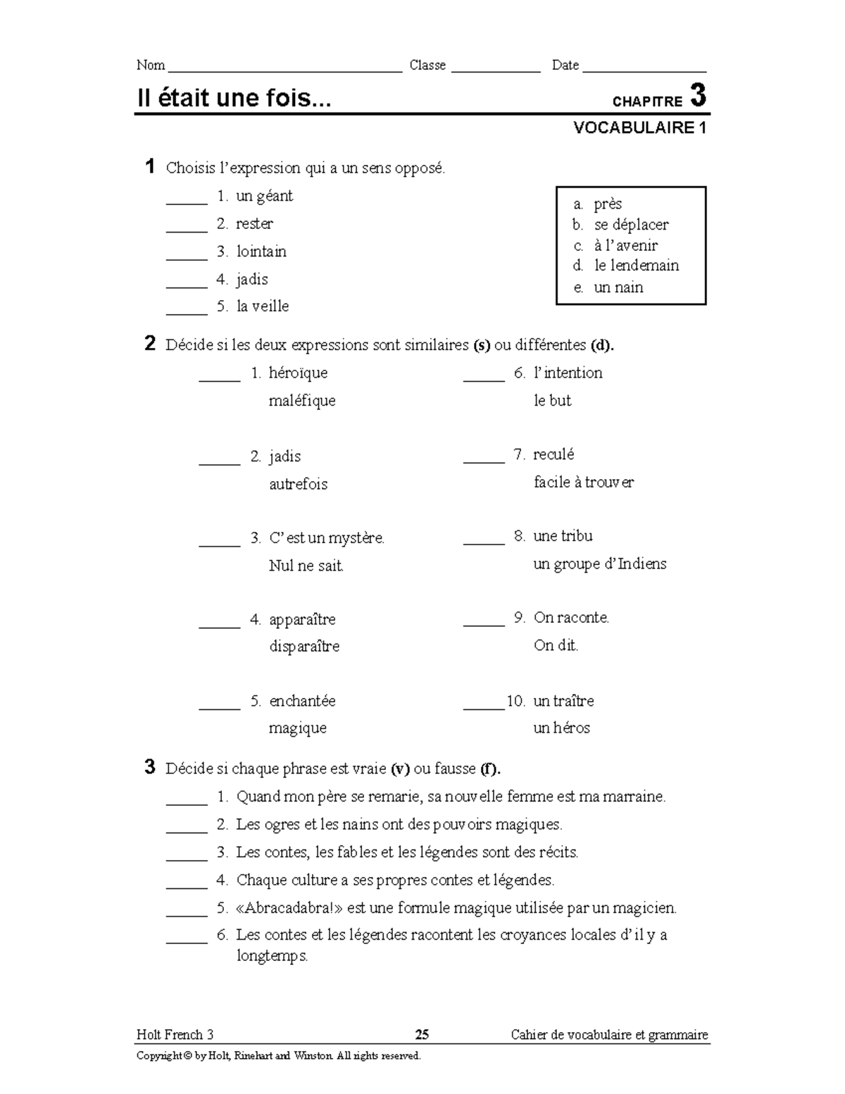 French - Il était une fois... CHAPITRE 3 VOCABULAIRE 1 1 Choisis l ...