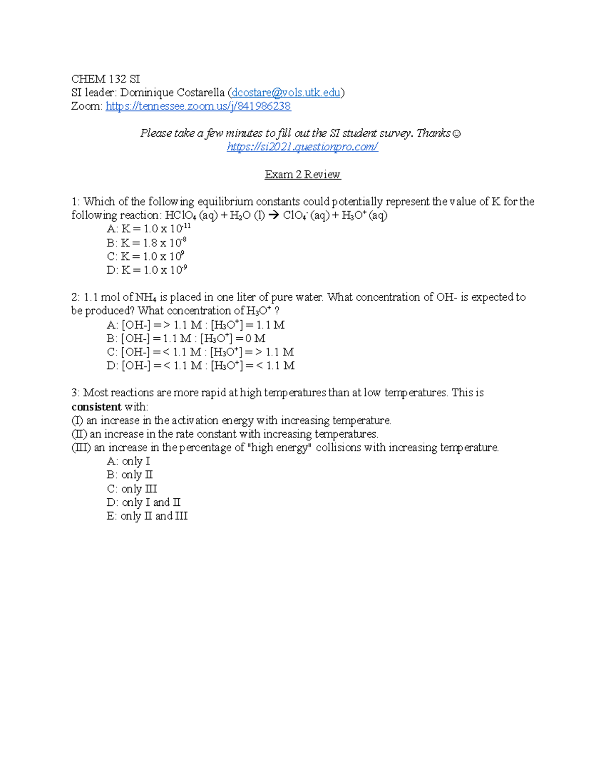 CHEM 132 SI - Exam 2 Worksheet - CHEM 132 SI SI leader: Dominique ...