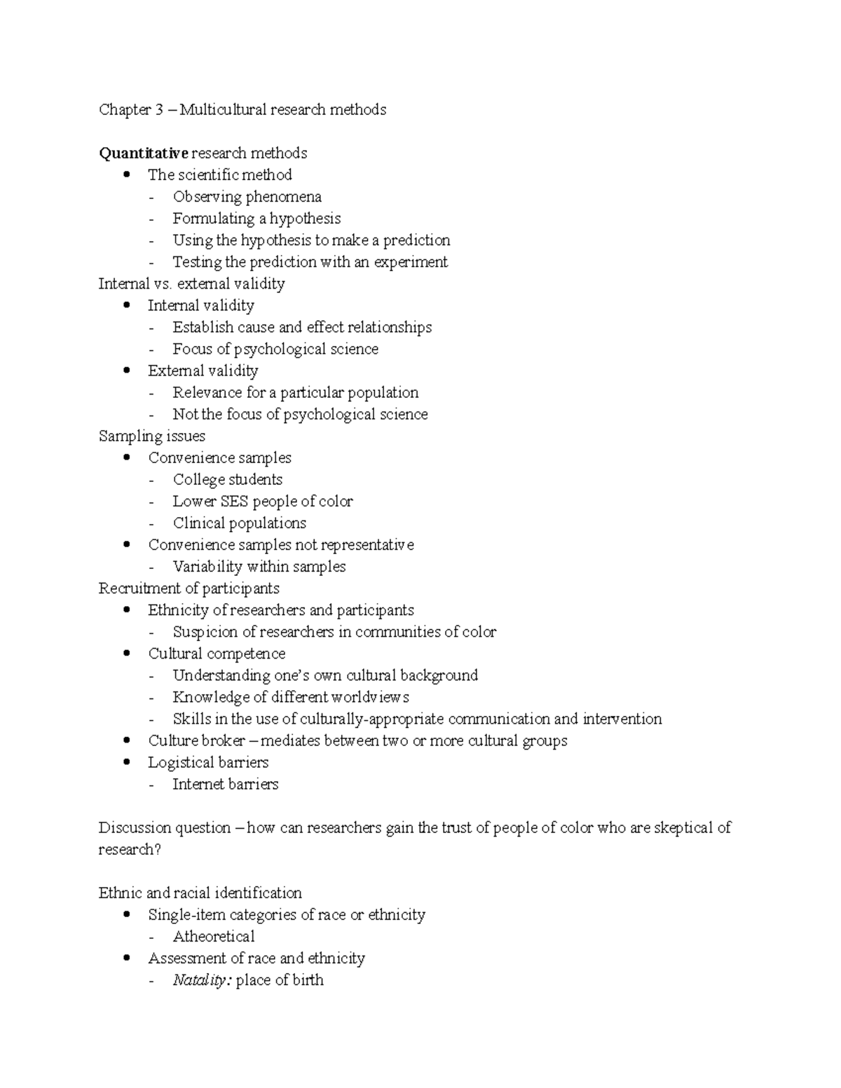 Ch. 3 Notes - Chapter 3 – Multicultural research methods Quantitative ...
