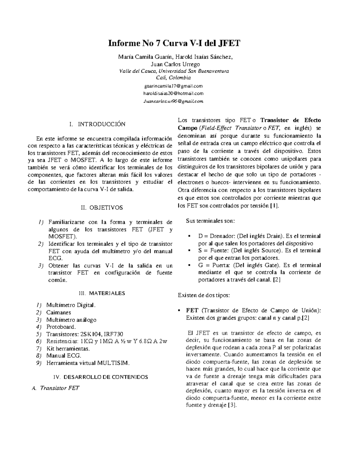 Informe 7 analoga - Electronica - Informe No 7 Curva V-I del JFET María ...