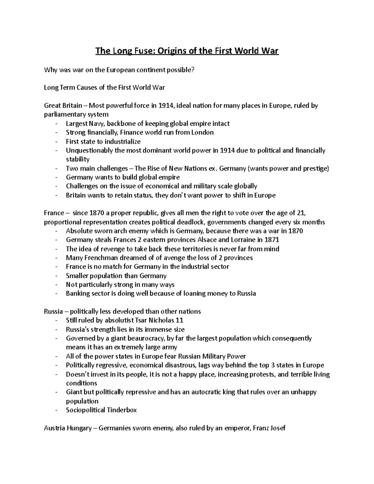 The Long Fuse - Lecture 1 - The Long Fuse: Origins of the First World ...