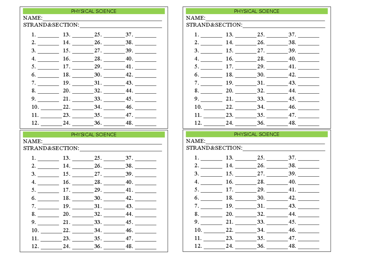 Answer- Sheet - PHYSICAL SCIENCE NAME ...