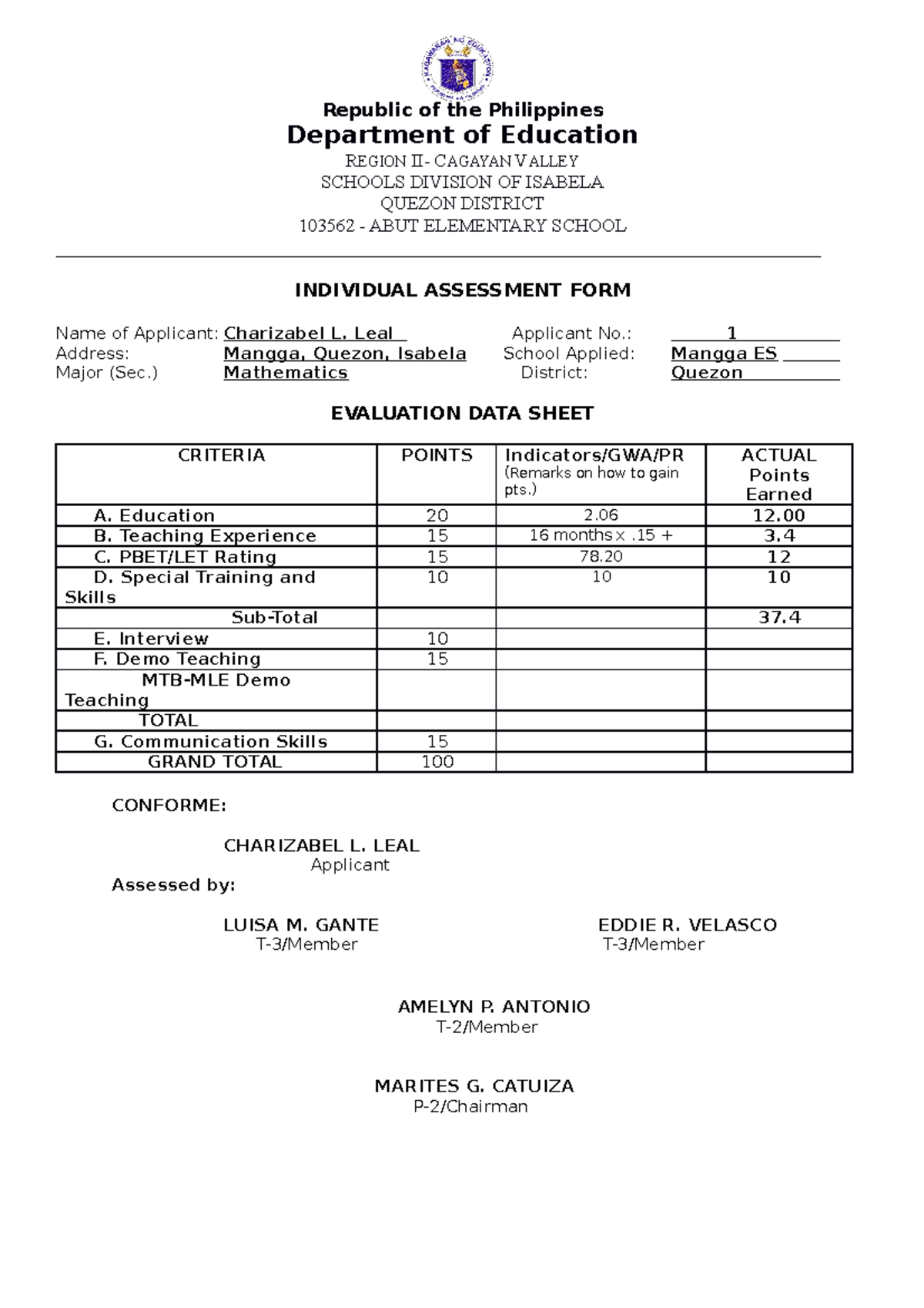 Individual assessment for teacher 1 applicants - Republic of the ...