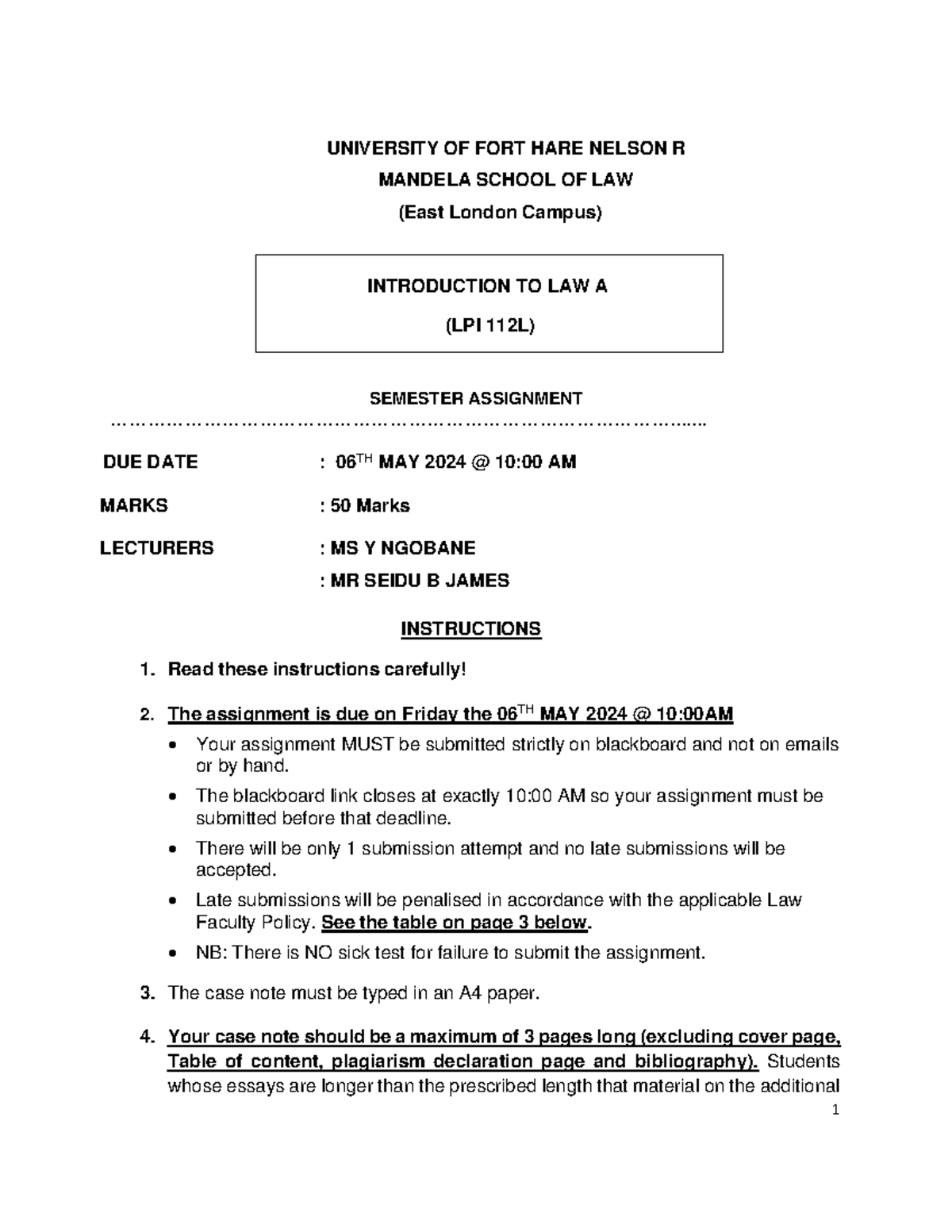 Intro TO LAW A Assignment - UNIVERSITY OF FORT HARE NELSON R MANDELA ...