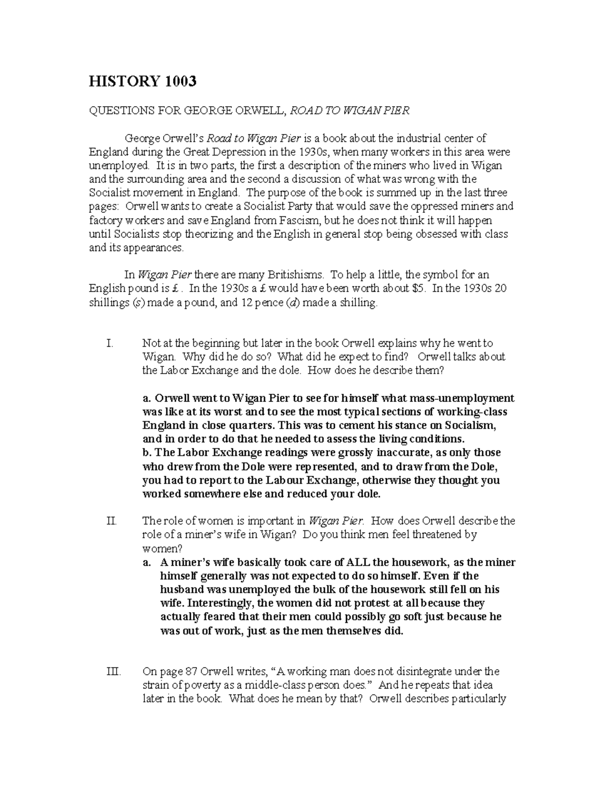 Doc - exam - HISTORY 1003 QUESTIONS FOR GEORGE ORWELL, ROAD TO WIGAN ...