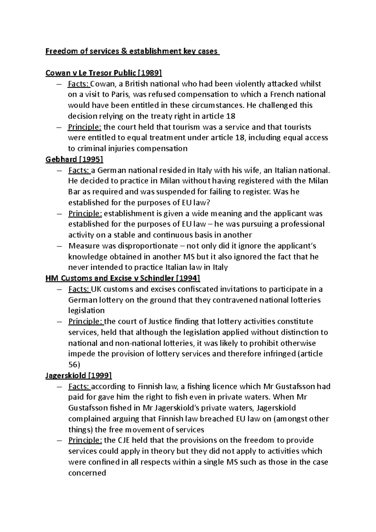 Freedom of services and establishment key cases - Freedom of services ...