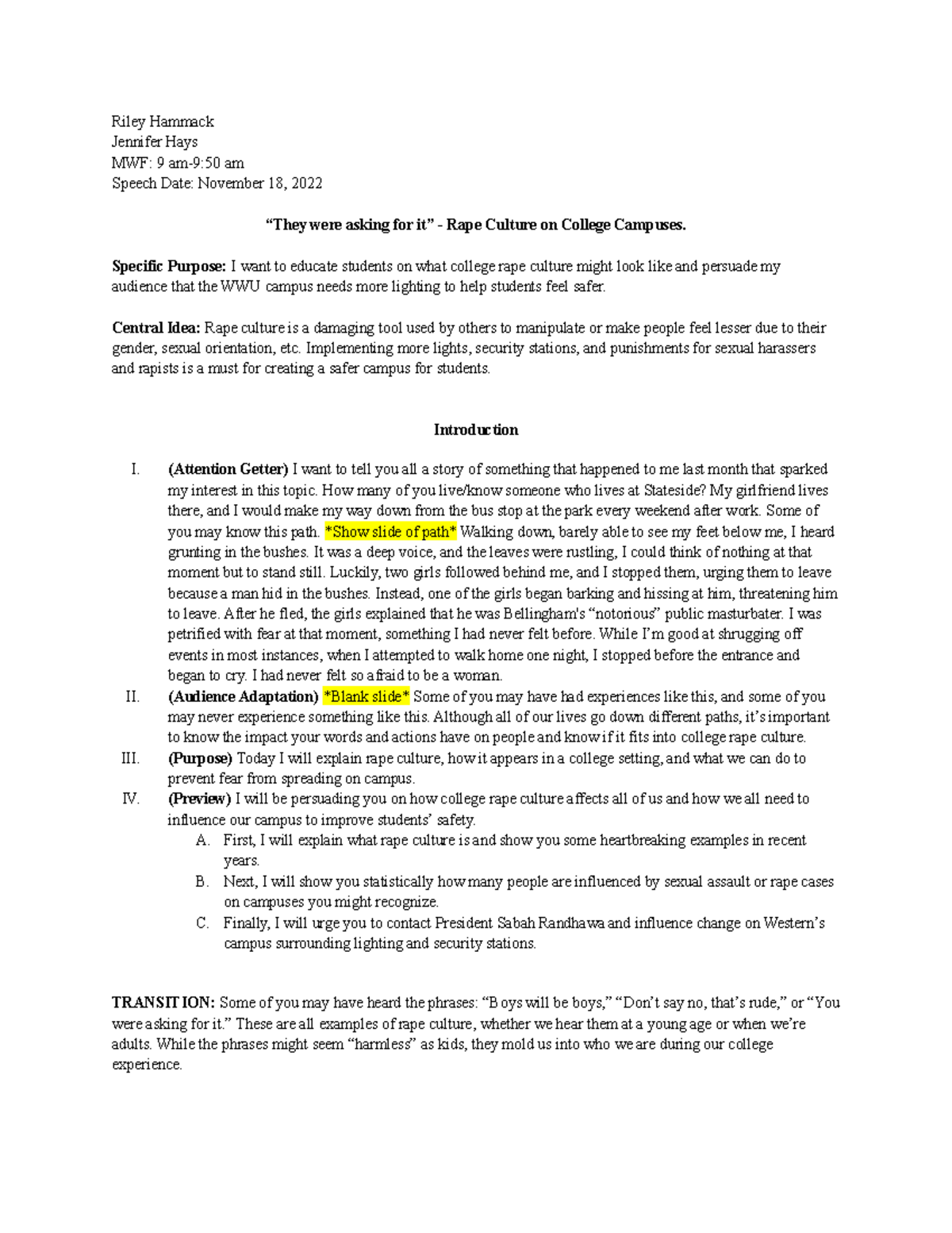 Persuasive Outline - Riley Hammack - Riley Hammack Jennifer Hays MWF: 9 ...