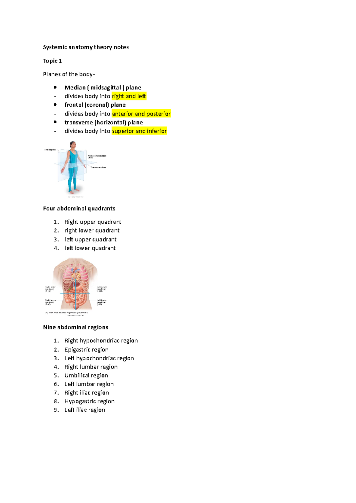 Systemic anatomy notes - Systemic anatomy theory notes Topic 1 Planes ...