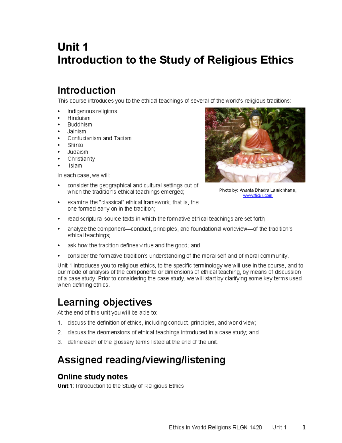 Unit1 - Course notes - Unit 1 Introduction to the Study of Religious ...
